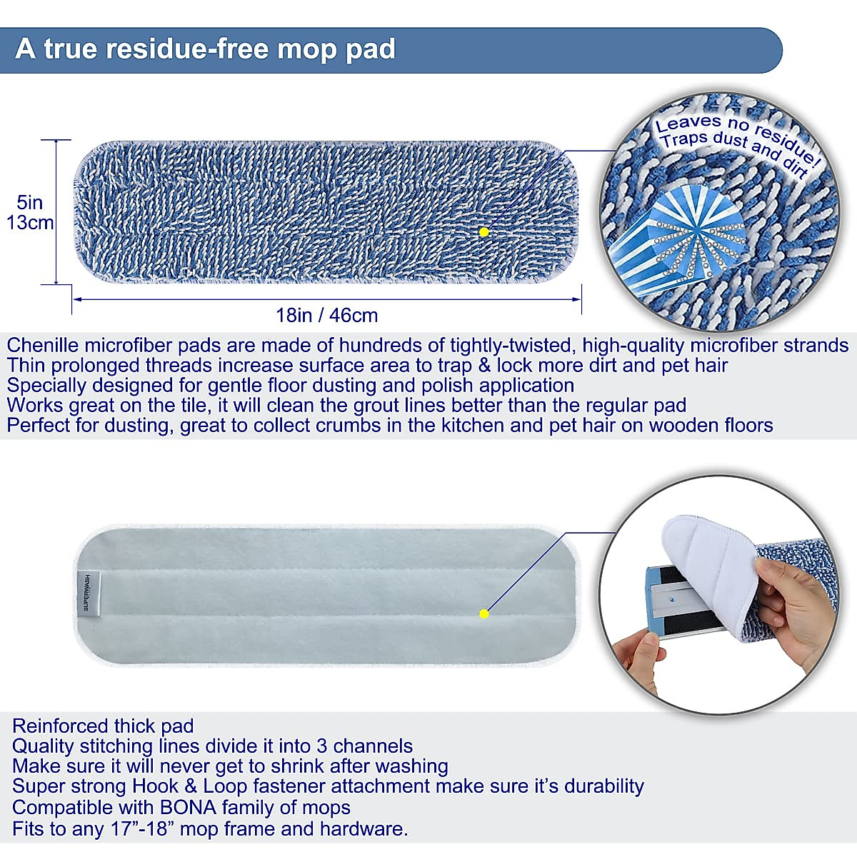 Replacement Microfiber Floor Cleaning Pads - 18''x5'' Dust Mop Refill Sweeping Pad Compatible with Bona Mop, Reusable Dry Mop Head Fits 17” to 18” Flat Mop - 4 Pack