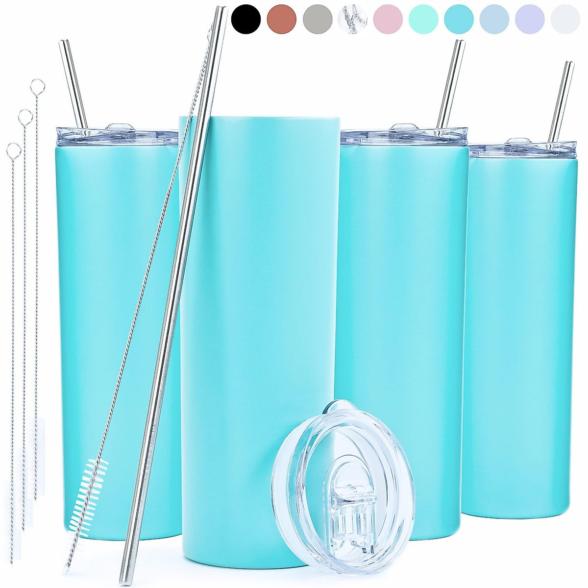 STRATA CUPS Multicolor Skinny Tumbler with Lid and Straw (4 Pack) - 20 Oz Double Wall Insulated Stainless Steel Slim Tumbler with Straw Cleaner, Reusable Metal Tumbler for Hot and Cold Drinks