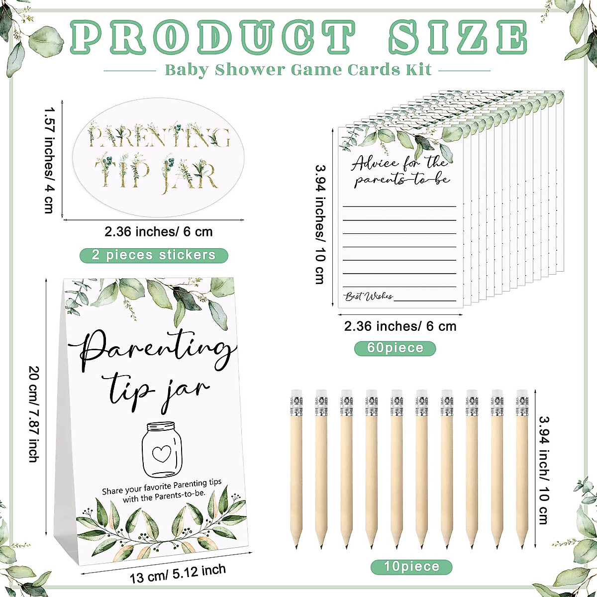 Roowest Baby Shower Advice Cards for New Parents to Be - Tip Jar Sign for New Parents 60 Parenting Advice Cards 10 HB Pencils 2 Cute Stickers 1 Pet Bottle for Guests Games(Leaf)