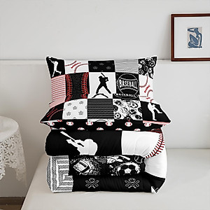 Erosebridal Twin Kids Baseball Comforter Set Softball Bedding Set Sports Game Quilted Comforter for Kids Patchwork Down Comforter Baseball Gift Duvet Insert 2pcs, Red Black Gray,Twin