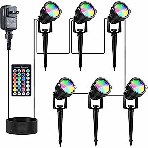 Color Changing Spot Lights with Timer, Outdoor 24W LED Landscape Lighting IP65 Waterproof Spotlights Colored Dimmable Remote Staked Outside Christmas Garden Flag Pathway Decor Uplights (6 in 1)