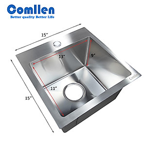 Comllen 15 x 15 inch Top-mount Stainless Steel Drop in Bar Sink, Single Basin Small Kitchen Sink for Outdoor Wet Bar Prep RV Yard Office Laundry Utility with Drain