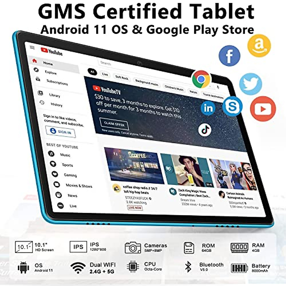 MEBERRY Updated Android 11.0 Tablet : 10.1-inch Ultra-Fast 4GB/RAM,64GB/ROM Tablets-8000mAh Battery-2.4G+5G WiFi Support - Bluetooth Keyboard | Mouse | M7 Tablet Cover and More Include - Metal Blue