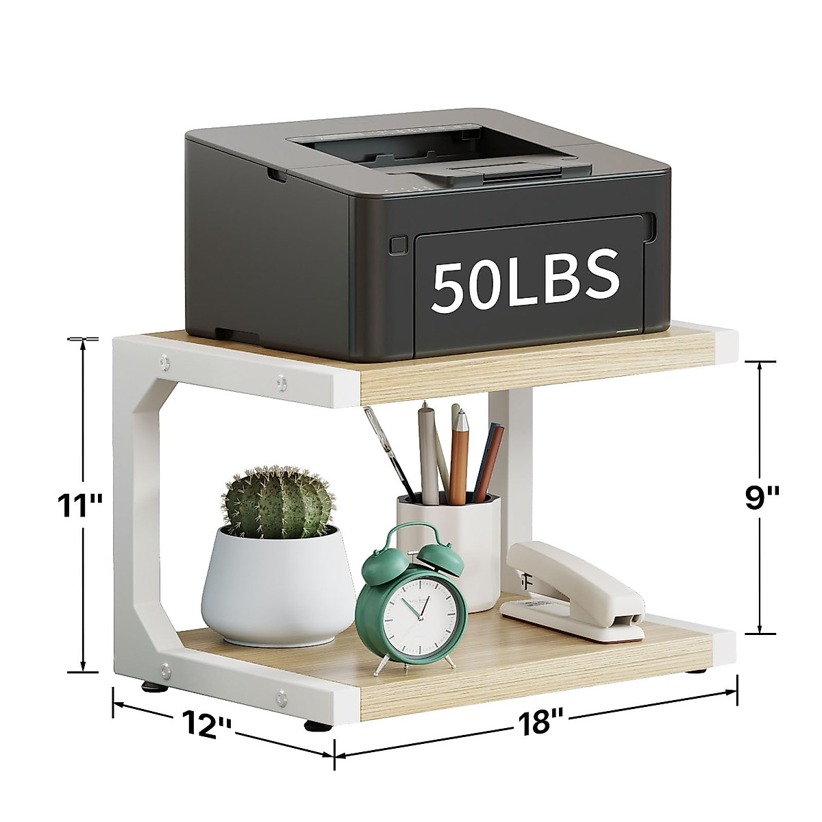 Mt.Jun Heavy-Duty Desktop Printer Stand - 2-Tier Organizer, 18" W x 12" D x 11" H, White Iron Tube Frame and Golden Oak Colored Panel, Supports 50 lbs