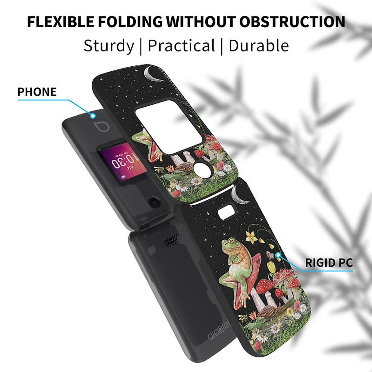 Case for Alcatel Go Flip 4 / TCL Flip Pro / TCL Flip Phone Case with Tempered Glass Screen Protector, Anti-Slip Kickstand Shockproof PC Stylish Cover for TCL Flip Pro, Mushroom and Frog Moon Stars