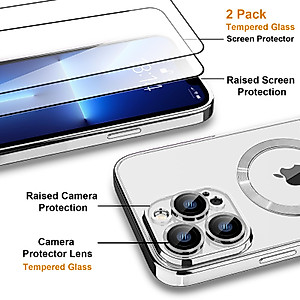 XSINOLI for iPhone 13 Pro Phone Case Magsafe, Magnetic Clear Case with Screen Protector and Camera Cover, Transparent Electroplated Case for Women/Girl/Men (Silver)