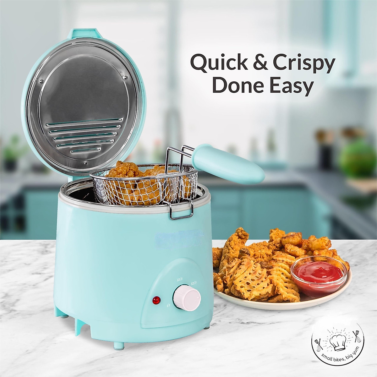 NEW 1.5-QUART DEEP FRYER, BLUE,120°F TO 400°F HEAT, SPACE-SAVING DESIGN, COOK OTHER MEATS, FISH, VEGGIES, CAKES, FRUITS, AND SO MUCH MORE, COOK YOUR FAVORITE DEEP-FRIED FOODS QUICKLY AND EFFICIENTLY.