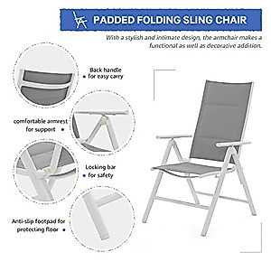 Soleil Jardin Folding Patio Chairs Set of 4, Aluminum Portable Reclining Lawn Chairs with Adjustable High Backrest & Soft Padding, Outdoor Dining Chairs for Porch Pool Yard, No Assembly, White & Gray