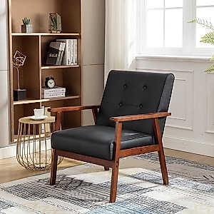 JIASTING Mid-Century Retro Modern Accent Chair Wooden Arm Upholstered Tufted Back Lounge Chairs Seat Size 24.4" 18.3" (Deep) (Square Leg Black)