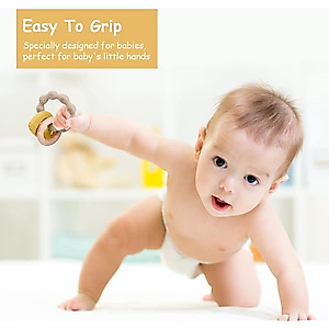 Vicloon Baby Teether Toys, Silicone & Natural Wood Teether Ring, Baby Teething Toys for Babies 0 Months+, Silicone Chewable Rings for Newborn Gift（Yellow）