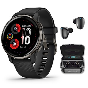 Wearable4U Garmin Venu 2 Plus GPS Multisport Smartwatch, 33 mm with AMOLED Display, Call and Text, Music, Adv HM+FF, Slate Bezel with Black Case Black Earbuds Bundle