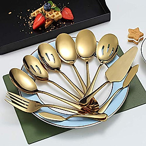 Gold Serving Spoons 10 Pieces, Kyraton Serving Utensils, Serving Set Include 3 Serving Spoon, 3 Slotted Spoon, 1 Serving Fork, 1 Cake Server, 2 Butter Knife Spreaders