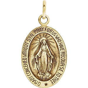 Solid 14k Yellow Gold 9x6mm Oval Virgin Mary Pendant Pray for Us Charm Miracle Medal (9mm x 6mm)