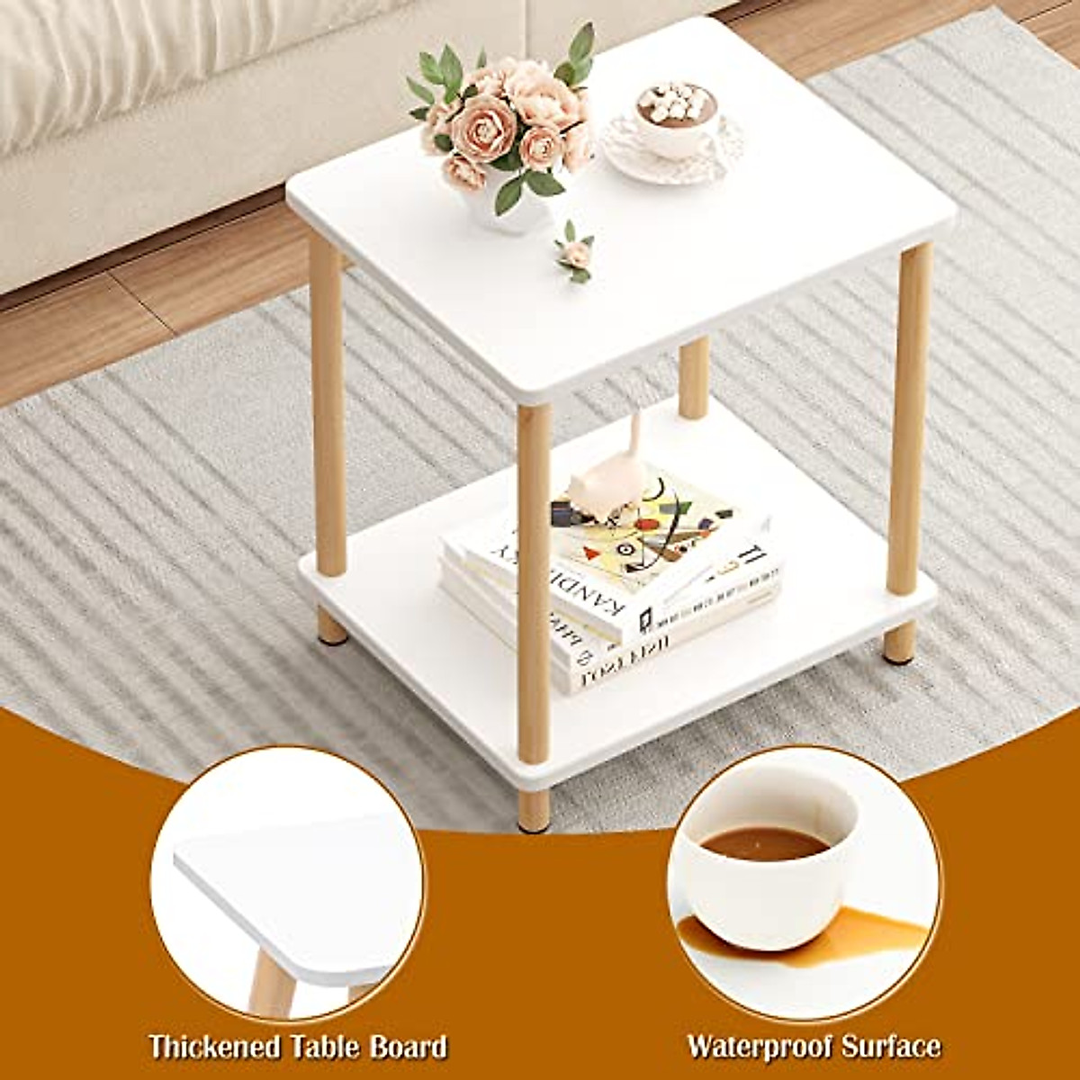 Fixwal Rack Wooden Nightstand Side Table 2-Tier Tall End Table with Storage White Bedside Table for Living Room Bedroom Office No-Tool Assembly