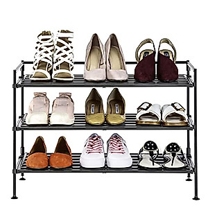 Seville Classics Sturdy Freestanding Storage Shelf for Bedroom, Closet, Entryway, Dorm Room Organizer, Stackable Durable Metal Shoe Rack, Ash Gray Slat, 3-Tier