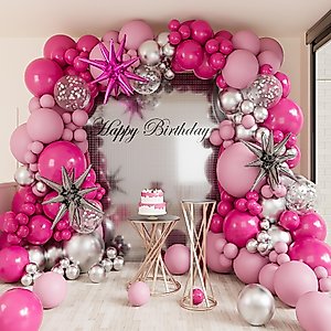 Deiiom Hot Pink Silver Balloons Arch Garland Kit-Macaron Pink Balloon Hot Pink Explosion Star Foil Balloon 151Pcs for Princess Birthday,Graduation,Bachelorette,Baby Shower,Christmas Party Decorations.