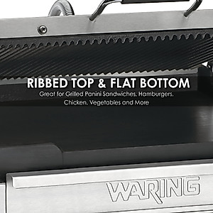 Waring Commercial WDG250 Tostato Supremo Ribbed Top Plate and Flat Bottom Plate Large Surface Panini Grill, 120 V, 1800W, 5-15 Phase Plug