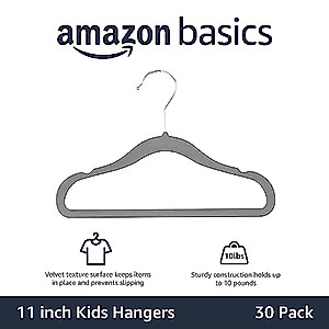 Amazon Basics Kids Velvet, Non-Slip 11.6" Clothes Hangers, Pack of 30, Gray