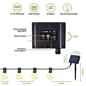 UC Outdoor String Lights, 30Pcs G40 Bulbs Globe Solar String Lights Waterproof Patio Decorative String Lights Outdoor with Remote for Backyard Garden Cafe Bistro Wedding Party,Warm White