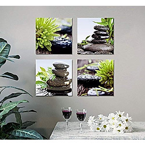 Zen Bathroom Decor Meditation Canvas Wall Art, Water Stone and Green Plants Pictures for Yoga Spa and Office Calming, Relaxing Wall Art for Office Bedroom Living Room (12x12in, 4 Panels)