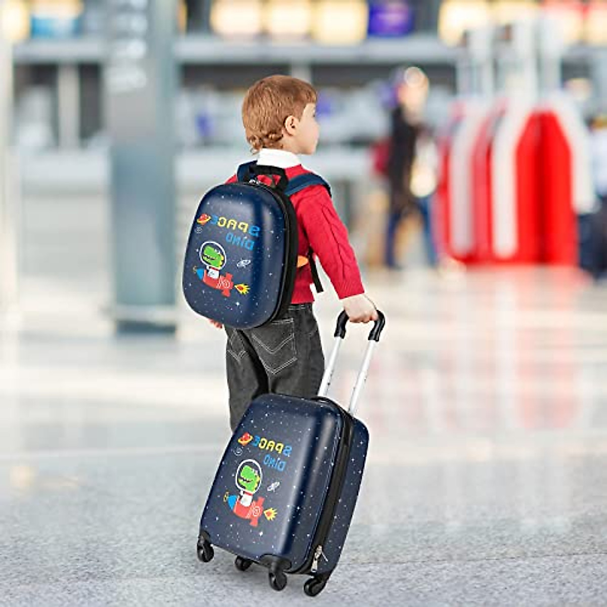Olakids Kids Luggage Set, 16’’ Carry on Suitcase and 12’’ Travel Backpack with Rolling Spinner Wheels for Boys Girls, 2 Pcs Trolley Case Gift for Children Toddlers (Space Dinosaur)