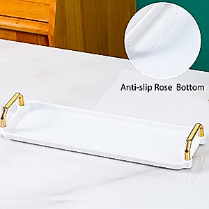 2 Pack Plastic Serving Tray with Gold Handle, 12 x 4 inch White Decorative Tray with 1”Wall, Long Narrow Coffee Table Tray Rectangular Tea Tray Decor with for Living Room Countertop Bathroom S Halyuhn