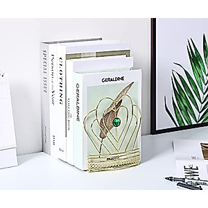 JIARI 1 Pairs Crown Bookends Decorative Metal Book Ends Supports for Bookrack Shelves, Heavy Duty, Book Holder Stopper for Books (Gold)