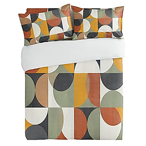 Duvet Cover Set 3 Pieces Queen Bedding Sets Mid Century Abstract Color Block Comforter Cover with Pillowcases Microfiber Bedroom Quilt Covers-Zipper Closure Nordic Style Circle Modern Art