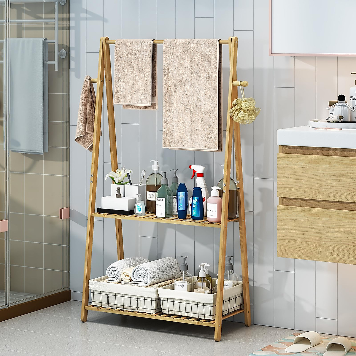 COOGOU Kids Clothing Rack for Hanging Clothes Portable Clothes Rack Wooden Drying Rack Clothing Standing Bamboo Garment Rack with Shelves Laundry Rack for Drying Clothes Indoor