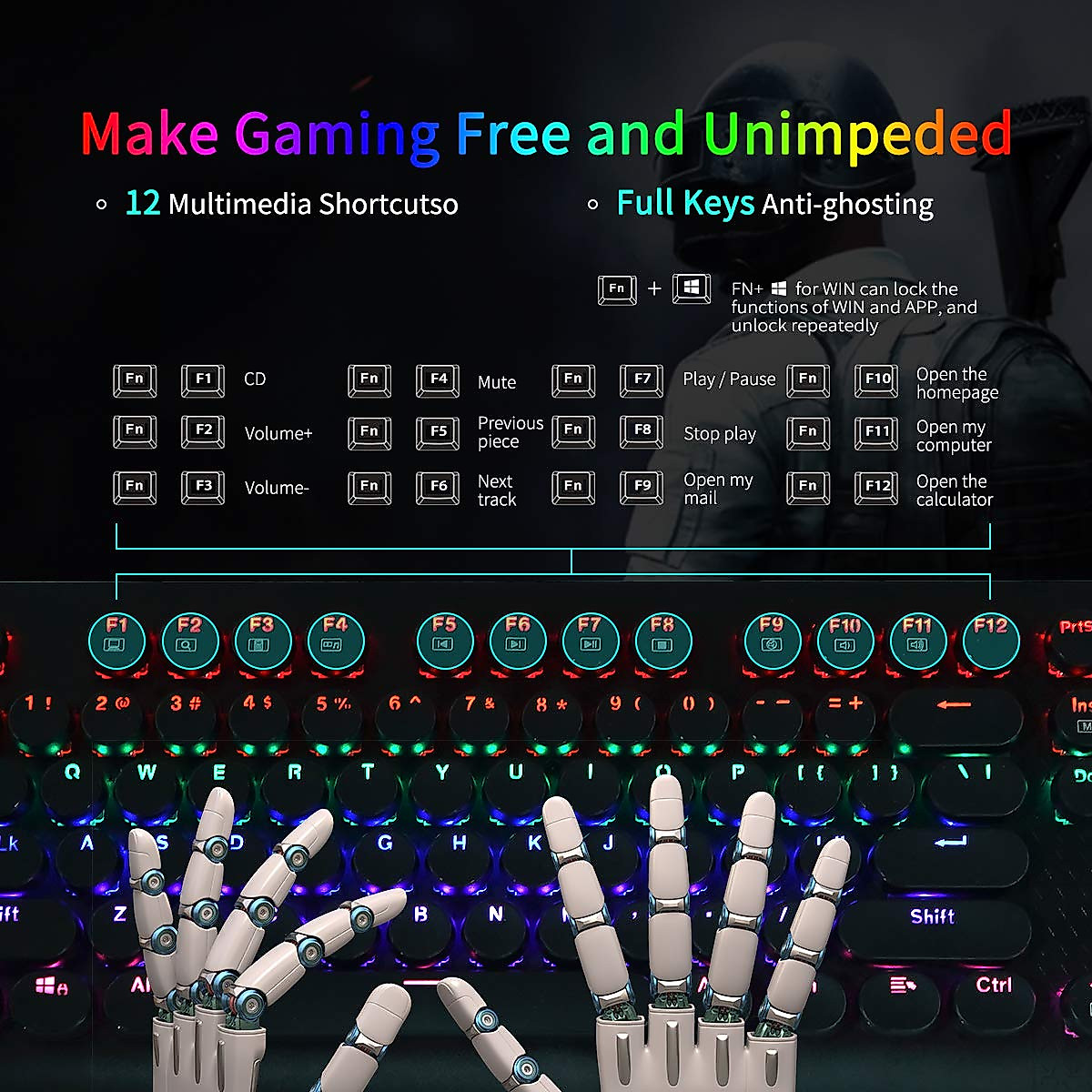 E-YOOSO Retro Mechanical Gaming Keyboard, Typewriter Style LED Backlit Keyboard with 104 Round Keys for Game and Office, Computer, Laptop, Desktop K600 (Blue Switch)