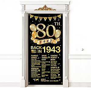 80th Birthday Door Cover Banner Decorations, Black Gold Happy 80th Birthday Door Cover Party Supplies, Large Eighty Year Old Birthday Poster Backdrop Sign Decor