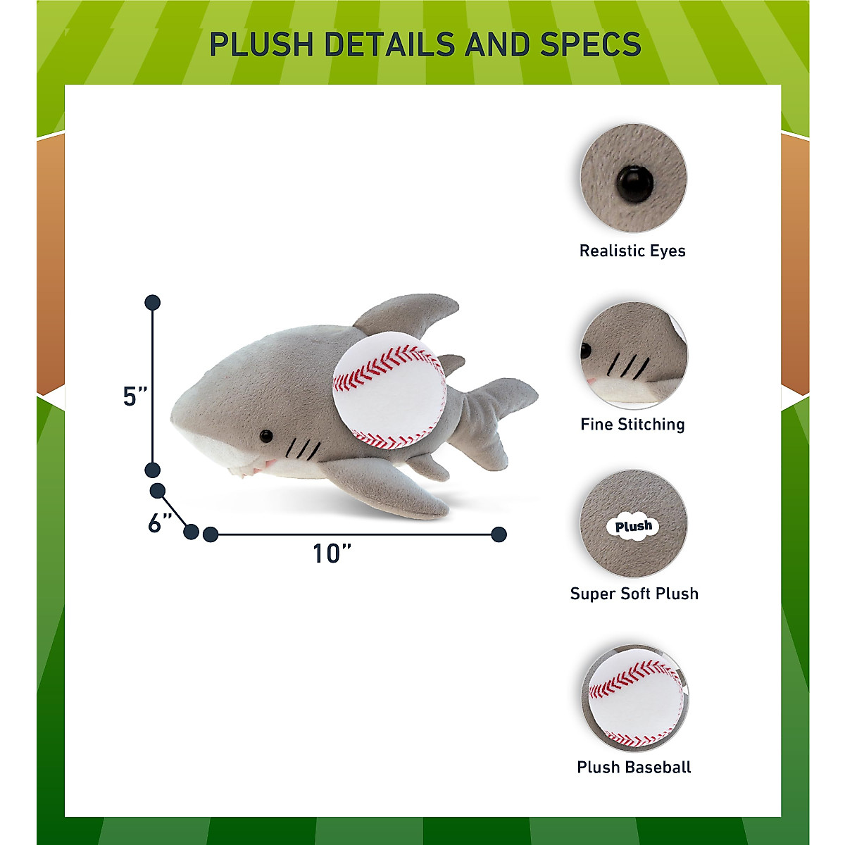 DolliBu Shark Stuffed Animal with Baseball Plush - Soft Huggable Shark, Adorable Playtime Plush Toy, Cute Wildlife Gift, Super Soft Plush Doll Animal Toy for Kids and Adults - 6 Inch