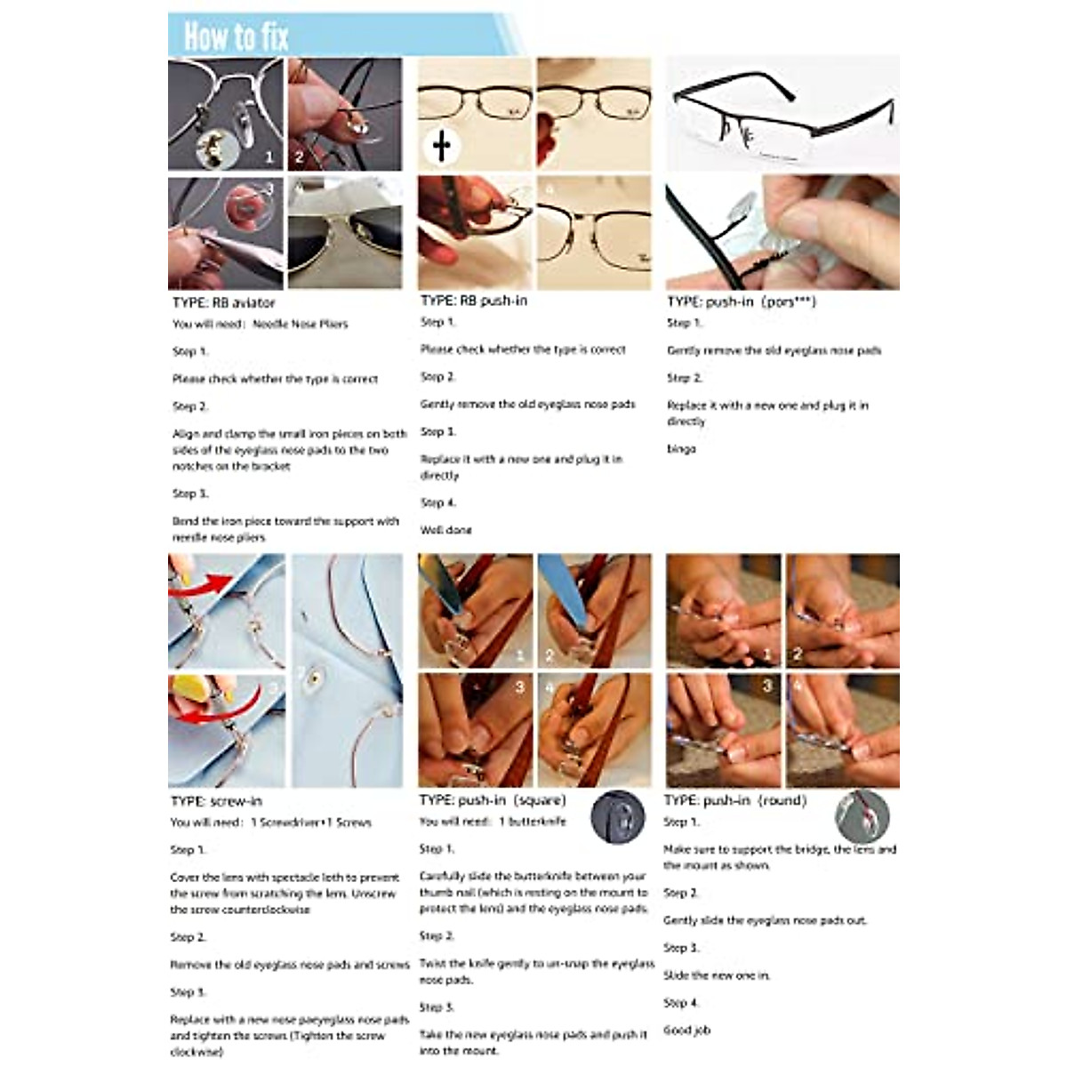 mingbuy Eyeglass Repair Kit Eyeglass Nose Pads Glasses Repair kit with Screws 220 Pcs 110 Pairs 13 Types of Nose Pads for Eyeglasses, Sunglasses, Watch Repair kit