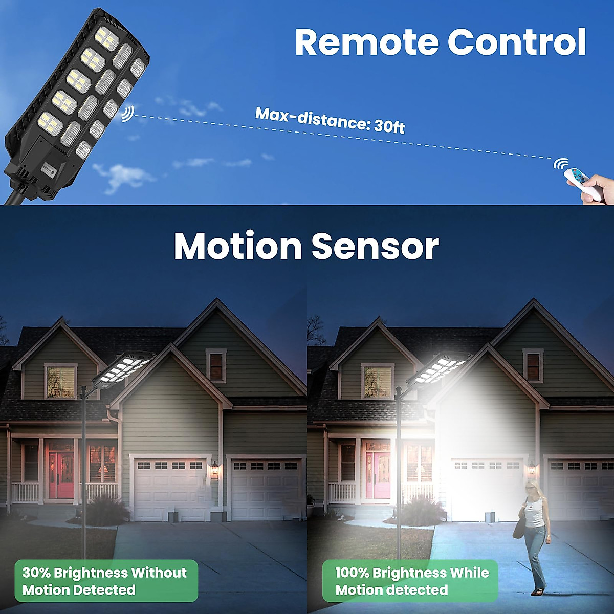 8000W Solar Street Lights Outdoor, Wide Angle Solar Powered LED Light Outside, 50000 mAh Hi-capacity Battery Flood Lamp Dusk to Dawn, Remote Control, Motion Sensor, IP67 Waterproof, Pole or Wall Mount
