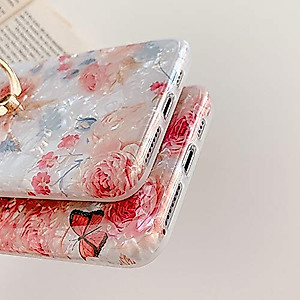 Qokey Compatible with iPhone SE Case 2022/2020,iPhone 8 Case,iPhone 7 Case 4.7 inch Flower Cute Fashion Cover for Women Girl 360 Degree Rotating Ring Kickstand Soft TPU Shockproof Cover Rose Butterfly
