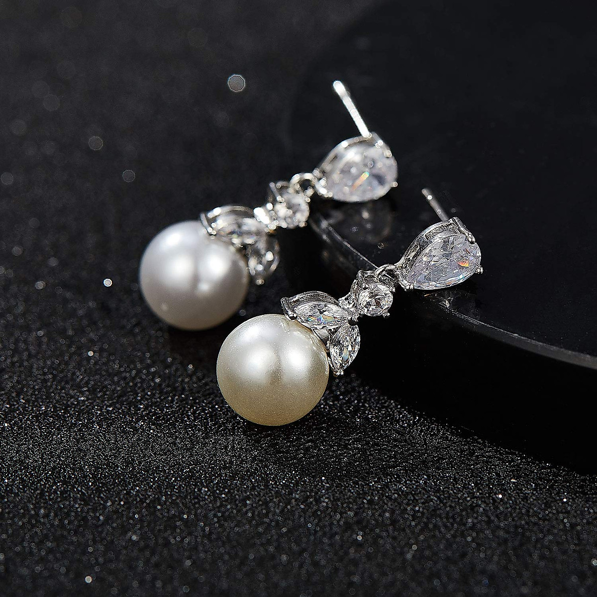 SWEETV Cubic Zirconia Pearl Drop Wedding Earrings for Brides, Ivory Camellia Bridal Pearl Earrings for Bridesmaid Jewelry Gift