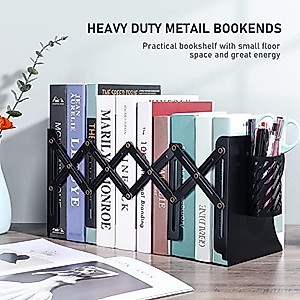 Adjustable Book Ends, Hmseng Metal Bookends Book Holders for Shelves, Desk Magazine File Organizer Holder for Office, Books, Papers, Extends up to 19 inches.Scratch-Resistant Hand Coating-Black