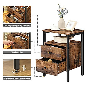 HOOBRO Nightstand, Bedside Table with 2 Drawers and Storage Shelves, Side End Table, Sofa Table for Living Room, Bedroom, Accent Furniture, Easy Assembly, Rustic Brown and Black BF43BZ01G2