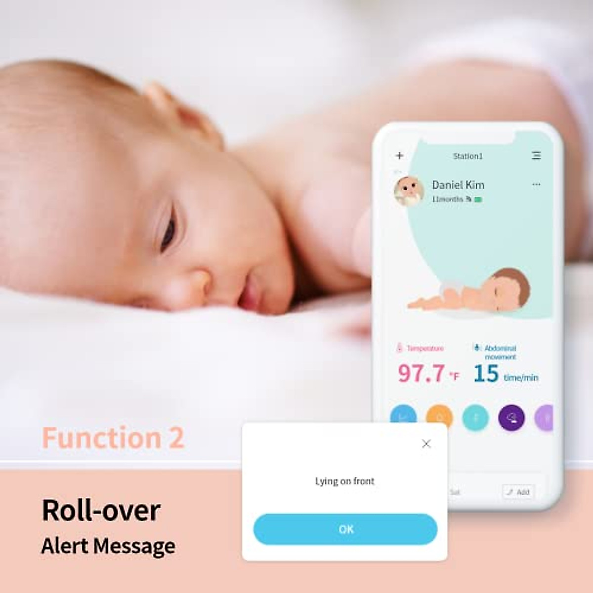 Nearbebe Care Plus(WiFi Version, 2023) - Infant, Baby Safety Monitor: Live Tracks, Alert on No Breathing, Rollover, Skin Temperature, Movement Sensor, Smartphone App, Room Temp & Humidity(SkyBlue)