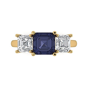 Clara Pucci 3.35 Square Emerald Baguette Cut Engraving 3 stone Faux Blue Sapphire Designer Solitaire Statement Ring 18K Yellow Gold 10.5