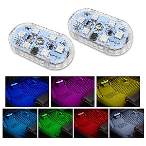2Pcs Car LED Lights Interior, Portable USB Rechargeable Car Interior Led Night Light, 7 Colors LED Interior Car Lights with 6 Bright LED Lamp Beads for Car Decor