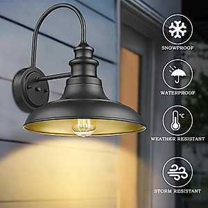 Dusk to Dawn Sensor Outdoor Barn Light Fixture, 12.3 Inch Dome Outdoor Wall Sconce Farmhouse Wall Mount Lights Exterior Gooseneck Light Fixture Black Finish Industrial Wall Lantern for Porch, 2Pack