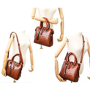Women Handbag and Purse 4pcs Wax PU Tote Set Shoulder Top Handle Bag Satchel Clutch Card Holder wtih Tassel Brown