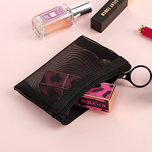 Patu Mini Zipper Mesh Bags, 3" x 4", Size XS / A8, 5 Pieces, Keychain Pouch Key Holder, Coin Purse, Clear Travel Kit Small Item Cosmetic Organizer, Black