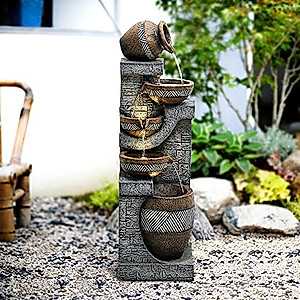 SunJet 5-Tiers Indoor/Outdoor Garden Water Fountain - 42.5inches Modern Floor-Standing Cascading Water Feature - Suitable for Deck, Patio, Porch, Yard Decor