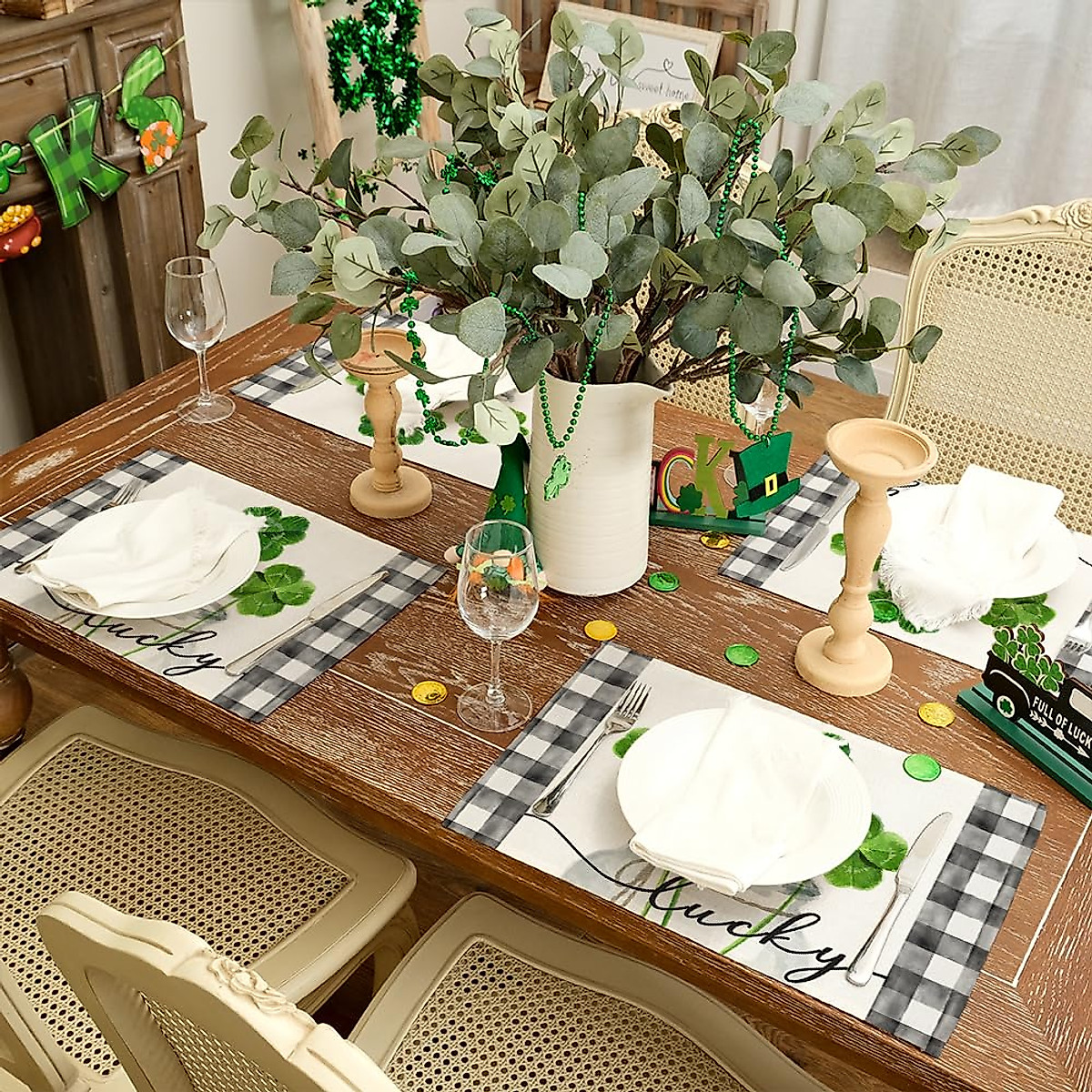 ARKENY St Patricks Day Placemats 12x18 Inches Set of 4, Green Shamrock Mason Jar Lucky Spring Seasonal Farmhouse Buffalo Plaid Burlap Indoor Kitchen Dining Table Mat Decorations for Home Party