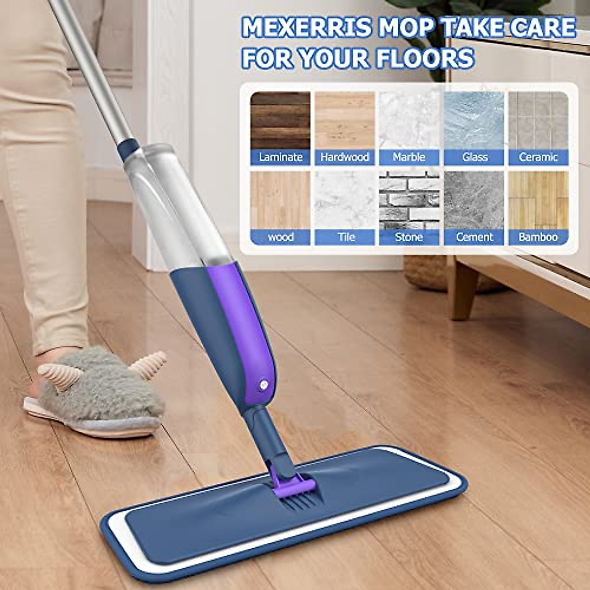 Wet Mops for Floor Cleaning- MEXERRIS Spray Mop with Spray Floor Mops with 3 Reusable Replacement Mop Pads 2 Bottle Microfiber Hardwood Floor Mops for Laminate Wood Ceramic Tiles Floor Cleaning