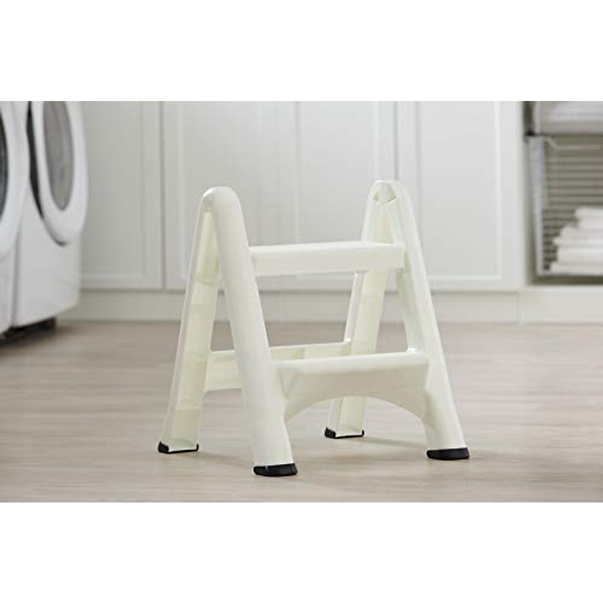 Rubbermaid Two-Step Folding Foot Stool, 14-Inch High, White, 300 Pound Capasity, Small Step Stool for Adults/Kids For Use in Library/Kitchen/Bathroom/Garage/Closet
