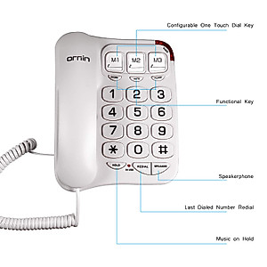 Ornin S016+ Big Button Corded Telephone with Speaker, Desk Phone Only (Off-White)