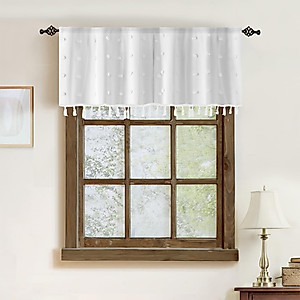 Visioun Boho White Curtain Topper Tassels Valance Window Cafe Treatment Tufted Pleat Floral Puffs Textured Simple Rod Pocket Kitchen Window Drapes for Bathroom Bedroom Living Room 1 Panel (52x18 Inch)